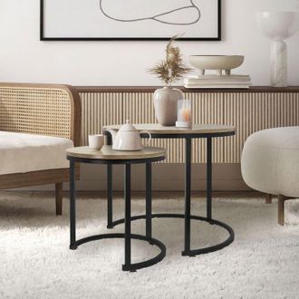 ML Design Ml-design - Set 2x Tables dAppoint, Rond, &Oslash;40x44 cm/&Oslash;60x52 cm, mdf Ch&ecirc;ne Sonoma/Structure M&eacute;tal Noir, Tables Gigognes Modernes, Multiples Usages