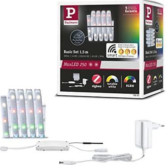 Paulmann 78865 LED Stripe MaxLED 250 Basisset Smart Home Zigbee 1,5m IP44 9W 300lm 30LEDs/m RGBW+ 24VA dimmbar Silber Kunststoff
