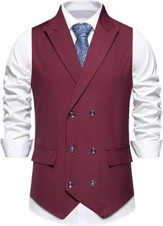 Generic Gilet de costume &agrave; double boutonnage pour homme, col en V, coupe ajust&eacute;e, gilet daffaires et &agrave; col &agrave; revers, gilet luxueux de couleur unie &eacute;l&eacute;gant et 
