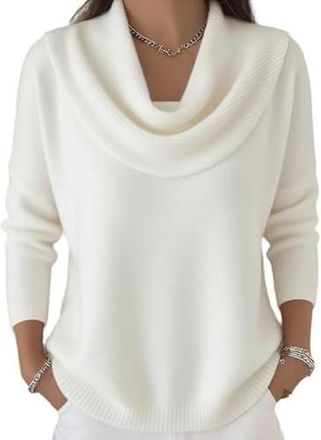 Generic Pull en tricot &agrave; manches longues et col triangulaire doux et &eacute;l&eacute;gant pour femme, blanc, 3XL