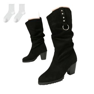 Generic Bottes Dhiver Pour Femmes &Agrave; Talon Carr&eacute;, Bottes Mi-Mollet Tendance Aspect Daim Avec Design Pliss&eacute; Et Anneau M&eacute;tallique, Chaussures Confortables Enfile