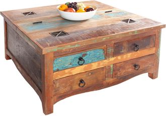 Invicta Interior Massiver Couchtisch Jakarta 70cm bunt Truhe aus recycelten Fischerbooten Holz mit Schubladen Wohnzimmertisch Truhentisch Holztisch Holztruhe