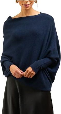 Generic Pull asymétrique pour femme - Automne et hiver - Col rond - Tricot tendance - Baggy - Tops (B), bleu marine, Taille M