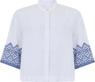 120% Lino Femme, Blouses et Chemises, Blanc, Taille: 36 FR Chemise en Lin &agrave; Manches Trois-Quarts