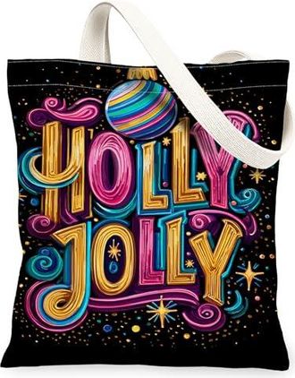 Generic Holly Jolly Sacs fourre-tout en toile, motif festif, l&eacute;ger, lavable, bandouli&egrave;re r&eacute;utilisable, pour le magasinage, Noir/blanc, 13x15 Inch