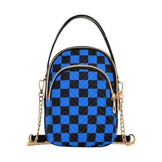 Mnsruu Petit sac &agrave; bandouli&egrave;re en cuir noir &agrave; carreaux bleu fonc&eacute; pour femme