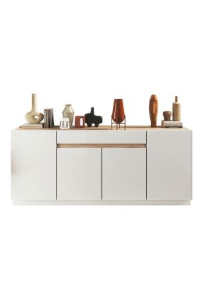 CARRYHOME Sideboard, Eiche, Wei&szlig; Hochglanz, Holzwerkstoff, 3 F&auml;cher, 1 Schubladen, 205x87x40 cm, Beim&ouml;bel erh&auml;ltlich, stehend, Wohnzimmer, Kommoden & Sideboards