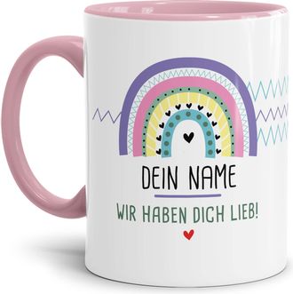 Tassendruck Kinder-Tasse mit Regenbogen Motiv - mit Name Bedrucken - Wir haben Dich lieb - Geschenk für Jungen & Mädchen - Keramik Innen & Henkel Rosa, 300 ml - P