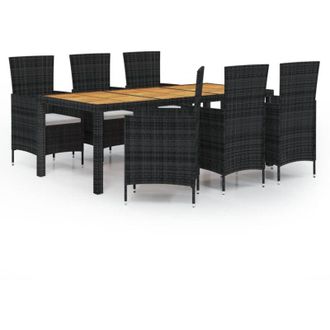 vidaXL 7-tlg. Garten-Essgruppe mit Auflagen Poly Rattan Schwarz - Vidaxl