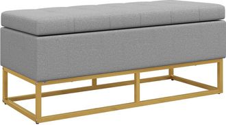 HOMCOM Banc banquette coffre de rangement 2 en 1 piètement acier doré assise capitonnée tissu gris