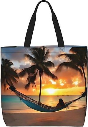 Generic Hamac Au Coucher Du Soleil Sur Coconut Beach Sac Fourre-Tout R&eacute;utilisable Tote Bag Imperm&eacute;able Sac A Main Femmes Pour Gym Voyage Travail