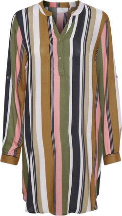 Kaffe Kleid KAmarana Damen Kleid Shirt Print Lang Arm V-Ausschnitt Knopf Shirtkleid 36, Green/Pink Stripe Print