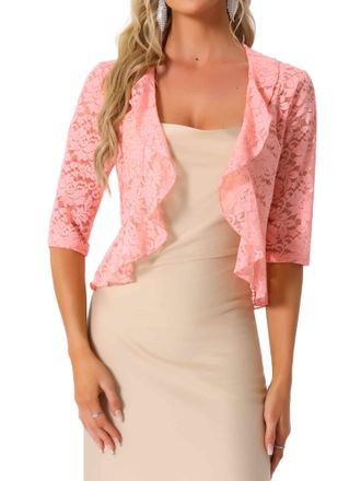 Allegra K Damen Hochzeit Spitze Festlich Bolero f&uuml;r Abendkleid 3/4-&Auml;rmel R&uuml;schen Eleganter Cardigan Rosa XL