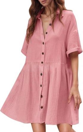Generic Robe nuisette &agrave; manches courtes pour femme - Robe d&eacute;t&eacute; boutonn&eacute;e avec poches - Robe d&eacute;t&eacute; boh&egrave;me pour la plage, les vacances - Essentiels de vacances p