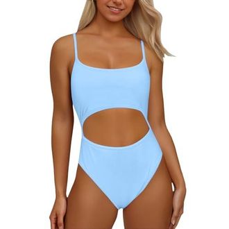 Generic Maillot de bain une pi&egrave;ce monokini &agrave; col rond et dentelle sur le devant et dos pour femme, bleu clair, XXL