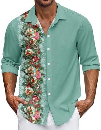Generic Chemise de No&euml;l pour homme - F&ecirc;te de fin dann&eacute;e - Manches longues - Impression darbre de No&euml;l et neige - Chemise d&eacute;contract&eacute;e &agrave; manches longues avec c