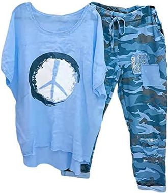 Onsoyours Ensemble de Vêtements 2 Pièces Femme Elegante Dété Imprimé Floral T-Shirt Manches 3/4 + Pantalon Large Taille Haute Party DIntérieur Jogging A Bleu L