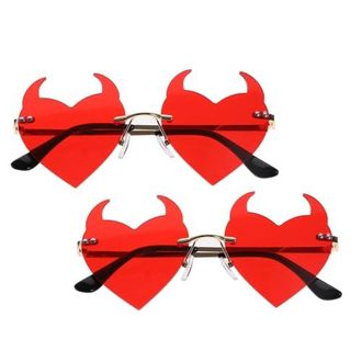 BESTONZON Lot de 2 Lunettes de Soleil sans Monture en Plastique Forme Coeur et Cornes Verres Rouges Éclatants Légères Protection Solaire pour Fêtes Carnaval et 