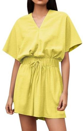 Generic Combinaison d&eacute;t&eacute; pour femme avec col en V et manches courtes - Taille smock&eacute;e - Jambe droite - Combinaison d&eacute;t&eacute; - Grenouill&egrave;re - Tenue de vacances de 