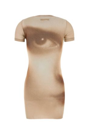 Jean Paul Gaultier Womens Mesh Short Dress Printed Face Beige Abiti