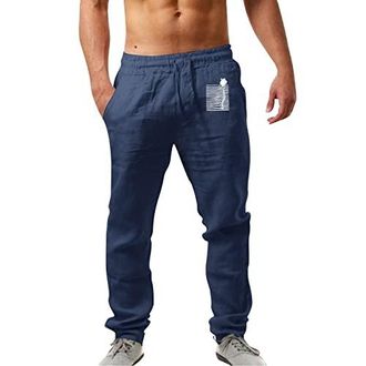 Generic Pantalon d&eacute;t&eacute; pour homme l&eacute;ger et long : pantalon en lin avec imprim&eacute; pantalon de plage avec cordon de serrage pantalon de loisirs pantalon de travail