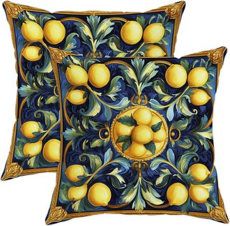 Generic Kissenbez&uuml;ge mit Zitronenmotiv, 2er-Set, gelbe Zitrusblumen, Sommerdekor, quadratisch, Bauernhaus-Dekor, Kissenbez&uuml;ge f&uuml;r Zuhause, Sofa, Bett, Couch, 