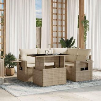 vidaXL 5-tlg. Garten-Sofagarnitur mit Kissen Beige Poly Rattan - Vidaxl