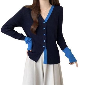 Generic Faux cardigan 2 pi&egrave;ces contrast&eacute; &agrave; col en V pour femme, bleu, Taille Unique