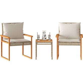 vidaXL 3-tlg. Bistro-Set mit Kissen Beige Poly Rattan Akazienholz - Vidaxl