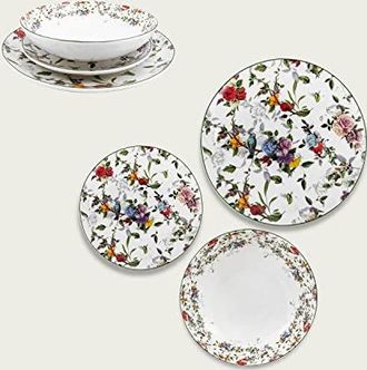 Arca Maison Tortor&agrave; - 18-teiliges Teller-Set, Dekor: Asturias aus Porzellan - 6 flache Teller - 6 tiefe Teller - 6 Dessertteller, Wei&szlig;