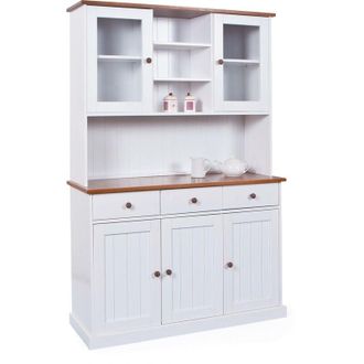 Inter Link SAS Sideboard mit drei T&uuml;ren und drei Schubladen mit oberer Vitrine, wei&szlig; mit braunen Details, 131 x 181 x 45 cm