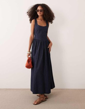 Asos Robe mi-longue en jean style ballerine - Bleu d&eacute;lav&eacute;