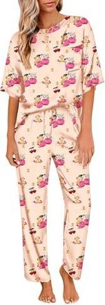 Ekouaer Vetement Femme Ete Manche Courte Ensembles de Pyjama Manche Courte Pantalon Toutes Les Saisons 2 Pièces Chic, Ours en Peluche, M