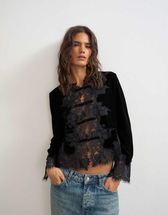 Topshop blouse en velours &agrave; appliqu&eacute; de dentelle noire