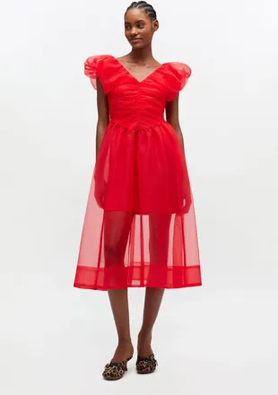 Ganni Robe fronc&eacute;e rouge en organza - Taille 34 - Pour Femme