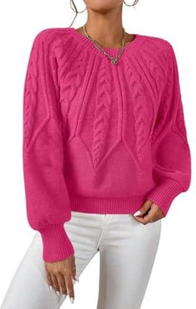Generic Pull en tricot torsadé pour femme, col ras-du-cou, manches longues, haut tendance pour lautomne 2025, rose rouge, x_l