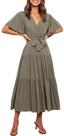 TOMWELL Femmes Boho Robes Longues été Plage Floral À Manches Courtes Split Wrap Maxi Robe Armée Verte XL