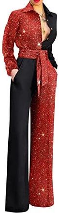 ORANDESIGNE Femmes Combinaison Manches Longues/Courtes Col en V Impression Barboteuse Jumpsuit &eacute;t&eacute; Chic &Eacute;l&eacute;gant Pantalon Loose Casual Romper B Rouge L