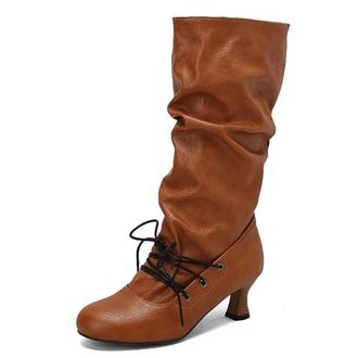 Generic Bottes Cuissardes Style Vintage Femme Fermeture Lat&eacute;rale Simili Cuir Design D&eacute;lav&eacute; Lacets Devant avec Talon Kitten Chaussures &Eacute;l&eacute;gantes de Soir&eacute;e,Jaun