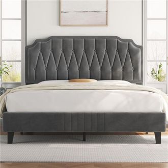 Yaheetech Yaheetech - Lit Double Capitonn&eacute;e R&eacute;glable en Hauteur Cadre de Lit en Bois avec Sommier &agrave; Lattes Pieds en Bois Massif et M&eacute;tal- Gris Fonc&eacute; - 160x200