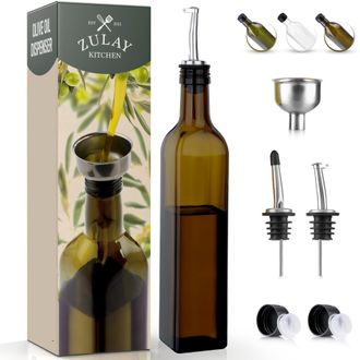 Zulay Kitchen Zulay Olivenöl flasche für die Küche - Glas-Olivenöl-Spender-Flasche mit 2 Ausgießern, 2 abnehmbaren Korken, 2 Kappen und 1 Trichter - Ölflasche für K
