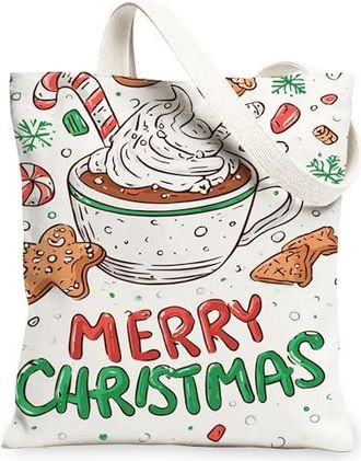 Generic Sacs fourre-tout en toile de cacao chaud de No&euml;l, sacs r&eacute;utilisables, sacs dhiver fantaisie, ludiques, l&eacute;gers et lavables, blanc, 13x15 Inch