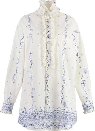 Philosophy di Lorenzo Serafini Femme, Blouses et Chemises, Blanc, Taille: 34 FR Chemisier en popeline de coton &agrave; imprim&eacute; floral et &agrave; volants