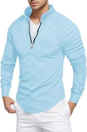 Generic Polo Hommes Chemises &agrave; Fermeture &Eacute;clair pour Hommes Chemise Slim Fit D&eacute;contract&eacute;e &Eacute;paule &Eacute;paule Pliss&eacute;e Chemise &agrave; Fermeture &Eacute;clair, bleu, XXL