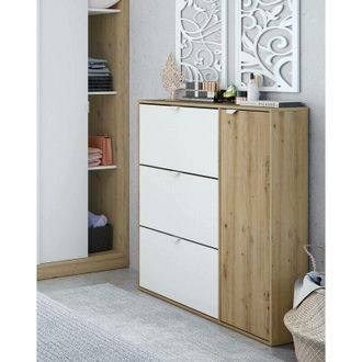 Dmora Schuhregal Tok, Schuhregal f&uuml;r den Eingangsbereich mit 4 T&uuml;ren, platzsparender Schuhschrank, 105 x 24 x 112 cm, Wei&szlig; und Eiche - Dmora