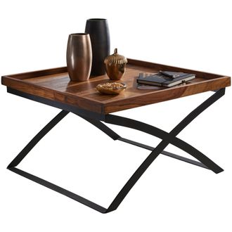 WOHNLING Couchtisch WL5.595 63x39x63cm Sheesham Massivholz/Metall Sofatisch, Design Wohnzimmertisch Industrial Style, Stubentisch Braun/Schwarz, Designer Kaffe