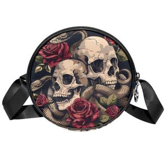 Generic Sac &agrave; bandouli&egrave;re rond pour femme, motif cr&acirc;nes, serpents, roses, petit sac &agrave; bandouli&egrave;re avec fermeture &eacute;clair, bretelles r&eacute;glables, sac &agrave; main rond 