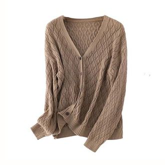 Generic Cardigan de printemps 100 % coton style cor&eacute;en &eacute;pais col en V &agrave; manches longues pour femme, kaki, Taille M