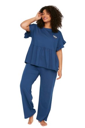Trendyol Trendyol Womens Damen 2er-Pack Gerade Kurzarm Freizeitkleidung Entspannt Pyjama &Uuml;bergr&ouml;&szlig;e Pajama Set, Navy, 6X-Large