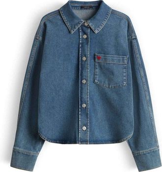 OPUS Jeansbluse Falentine mit Herzstickerei Regular Fit lockere Passform, gerader Schnitt, Hemdblusenkragen